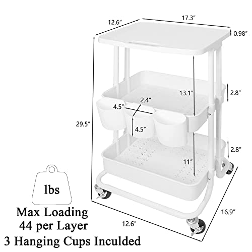 3 Tier Rolling Storage Cart with Table Top & Hanging Cups Utility Organizer Cart for Kitchen Bathroom Classroom, White