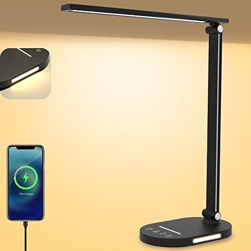 AQINGLING LED Desk Lamp with ​USB Charging Port Nightlight, Eye-Caring Desk Lights for Home Office, 5 Modes Dimmable, Auto Timer, Black