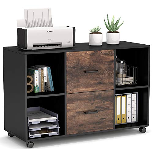 Tribesigns 2 Drawer File Cabinet, Large Mobile Lateral Filing Cabinet for Letter Size, Printer Stand with Storage Shelves and Rolling Wheels for Home Office (Black/Rustic)