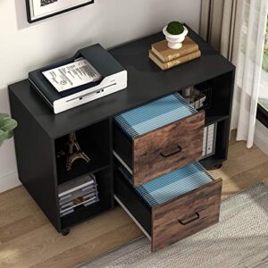 Tribesigns 2 Drawer File Cabinet, Large Mobile Lateral Filing Cabinet for Letter Size, Printer Stand with Storage Shelves and Rolling Wheels for Home Office (Black/Rustic)