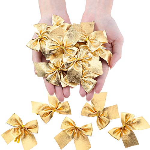 Sumind 72 Pack Mini Christmas Tree Bows 6 cm Ribbon Bows Ornaments for Christmas Tree Hanging Decoration (Gold)