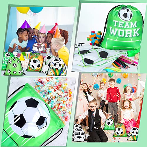 16 Pieces Soccer Party Favors Bags Drawstring Soccer Gift Bags Fabric Soccer Print Candy Goodie Snacks Treat Bags for Sports Soccer Theme Birthday Party Supplies