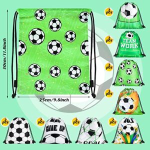 16 Pieces Soccer Party Favors Bags Drawstring Soccer Gift Bags Fabric Soccer Print Candy Goodie Snacks Treat Bags for Sports Soccer Theme Birthday Party Supplies