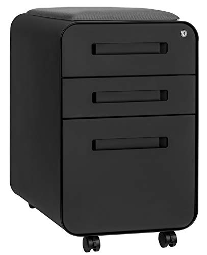 Laura Davidson Furniture STOCKPILE Curve Seated 3-Drawer Mobile File Cabinet with Removable Magnetic Cushion Seat, Commercial-Grade, Pre-Assembled (Black with Dark Grey Cushion)