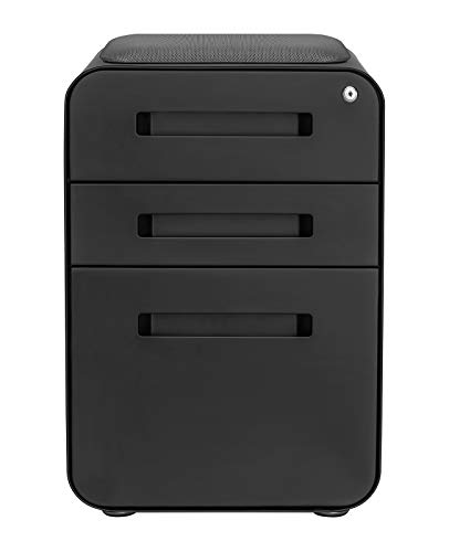 Laura Davidson Furniture STOCKPILE Curve Seated 3-Drawer Mobile File Cabinet with Removable Magnetic Cushion Seat, Commercial-Grade, Pre-Assembled (Black with Dark Grey Cushion)