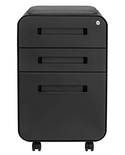 Laura Davidson Furniture STOCKPILE Curve Seated 3-Drawer Mobile File Cabinet with Removable Magnetic Cushion Seat, Commercial-Grade, Pre-Assembled (Black with Dark Grey Cushion)