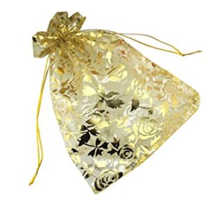 QIANHAILIZZ 100 Pack 7 x 9 Inch Drawstring Flower Heart Bags Organza Jewelry Gift Pouch Candy Pouch Drawstring Wedding Favor Bags (Gold Flower)