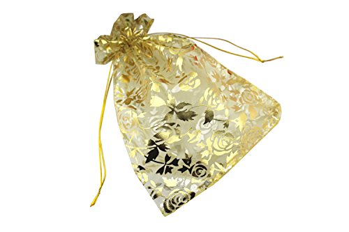 QIANHAILIZZ 100 Pack 7 x 9 Inch Drawstring Flower Heart Bags Organza Jewelry Gift Pouch Candy Pouch Drawstring Wedding Favor Bags (Gold Flower)