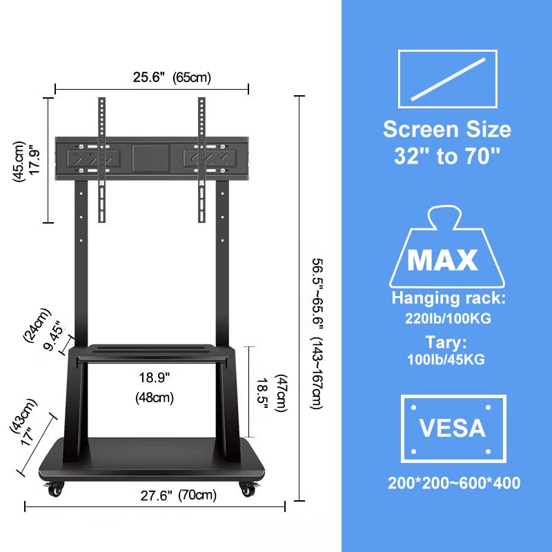 Hellsehen Mobile TV Stand,Rolling TVs Cart on Wheels Height Adjustable Heavy-Duty Floor Stand Base for 32 -70 Inch LCD LED OLED Flat Panel Screens Smartboard Movable Holds up to 100lbs with Shelf