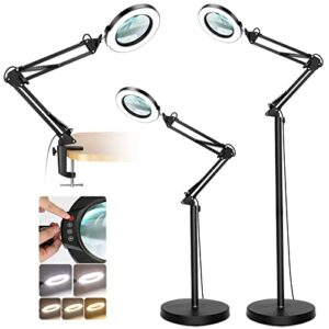 5x magnifying glass with light and stand, krstlv led 5 color modes, stepless dimmable magnifying floor lamp, 3-in-1 adjustable swing arm lighted magnifier lamp with clamp for reading, craft, esthetic