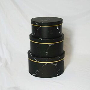 BBJ WRAPS Vintage Marble Flower Paper Box Round Florist Boxes For Bouquet With Lids Set/3 (S/M/L) (Black)