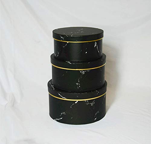 BBJ WRAPS Vintage Marble Flower Paper Box Round Florist Boxes For Bouquet With Lids Set/3 (S/M/L) (Black)