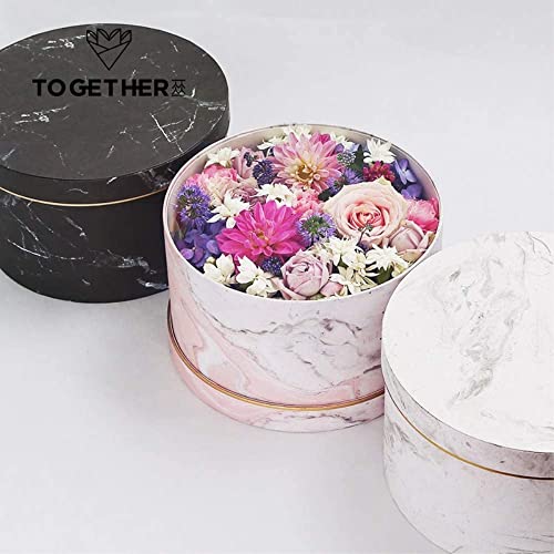 BBJ WRAPS Vintage Marble Flower Paper Box Round Florist Boxes For Bouquet With Lids Set/3 (S/M/L) (Black)