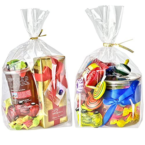 PigPotParty 8"x 11",100Pcs Bottom Gusset Bags, Clear Cello Cellophane Plastic Treat Goodie Bags with 100x Twist Ties, Party Favor Packaging, Return Gift Mug Toy Wrapping (No Side Gusset)