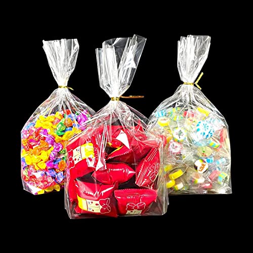 PigPotParty 8"x 11",100Pcs Bottom Gusset Bags, Clear Cello Cellophane Plastic Treat Goodie Bags with 100x Twist Ties, Party Favor Packaging, Return Gift Mug Toy Wrapping (No Side Gusset)