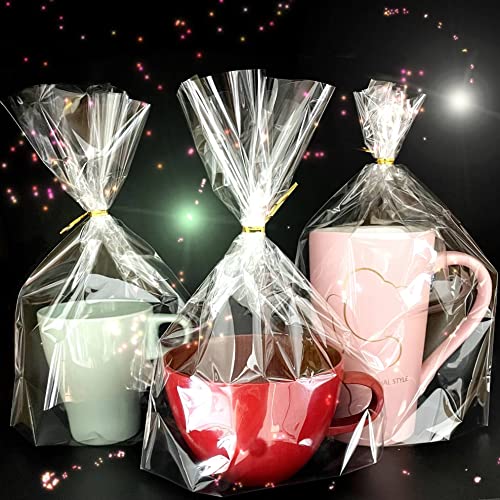 PigPotParty 8"x 11",100Pcs Bottom Gusset Bags, Clear Cello Cellophane Plastic Treat Goodie Bags with 100x Twist Ties, Party Favor Packaging, Return Gift Mug Toy Wrapping (No Side Gusset)