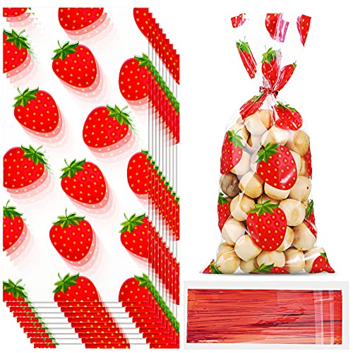 Willbond 100 Pieces Strawberry Party Bags Strawberry Cellophane Treat Bags Favors Plastic Candy Goodies Bags with 100 Pieces Twist Ties for Strawberry Themed Birthday Party Decorations