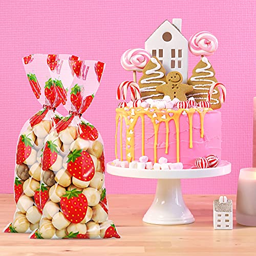 Willbond 100 Pieces Strawberry Party Bags Strawberry Cellophane Treat Bags Favors Plastic Candy Goodies Bags with 100 Pieces Twist Ties for Strawberry Themed Birthday Party Decorations