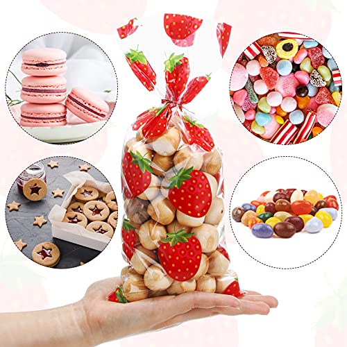 Willbond 100 Pieces Strawberry Party Bags Strawberry Cellophane Treat Bags Favors Plastic Candy Goodies Bags with 100 Pieces Twist Ties for Strawberry Themed Birthday Party Decorations