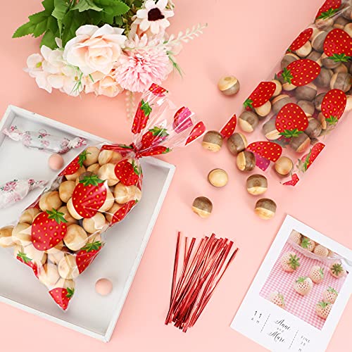 Willbond 100 Pieces Strawberry Party Bags Strawberry Cellophane Treat Bags Favors Plastic Candy Goodies Bags with 100 Pieces Twist Ties for Strawberry Themed Birthday Party Decorations