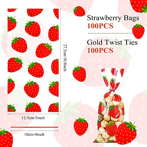 Willbond 100 Pieces Strawberry Party Bags Strawberry Cellophane Treat Bags Favors Plastic Candy Goodies Bags with 100 Pieces Twist Ties for Strawberry Themed Birthday Party Decorations