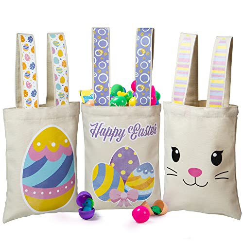 JOYIN Easter Reusable Canvas Gift Bags with Handles, 10”x 8” Large Bunny Easter Gift Treat Candy Bags Bulk Easter Basket for Kids Easter Party Favors and Easter Egg Hunt