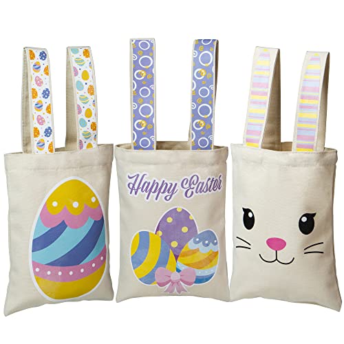 JOYIN Easter Reusable Canvas Gift Bags with Handles, 10”x 8” Large Bunny Easter Gift Treat Candy Bags Bulk Easter Basket for Kids Easter Party Favors and Easter Egg Hunt