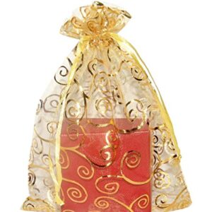 SUNGULF 100pcs Organza Pouch Bag Drawstring 6"x8" Strong Gift Candy Bag Jewelry Party Wedding Favor (Gold flower vine Print)