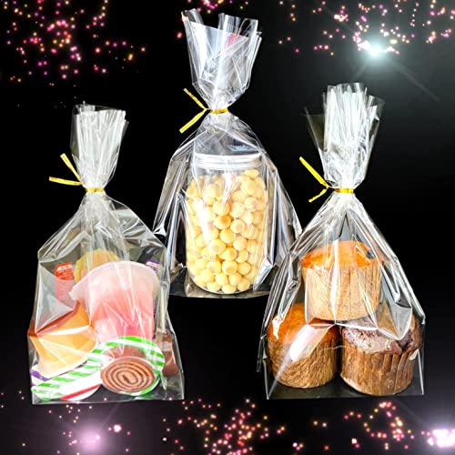 PigPotParty 8"x 11", 50Pcs Bottom Gusset Bags, Clear Cello Cellophane Treat Goodie Bags with 50x Twist Ties, Party Favor Packaging, Gift Mug Wrapping, Food Storage(No Side Gusset)