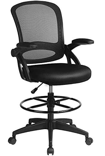 COMHOMA Drafting Chair Tall Office Chair with Flip-up Armrests for Computer Standing Desk Adjustable Foot Ring Ergonomic Mesh Back Table Chair Black