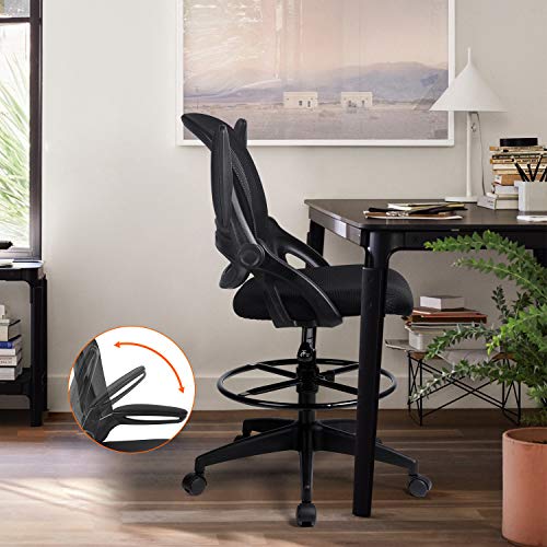 COMHOMA Drafting Chair Tall Office Chair with Flip-up Armrests for Computer Standing Desk Adjustable Foot Ring Ergonomic Mesh Back Table Chair Black