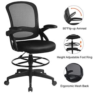 COMHOMA Drafting Chair Tall Office Chair with Flip-up Armrests for Computer Standing Desk Adjustable Foot Ring Ergonomic Mesh Back Table Chair Black