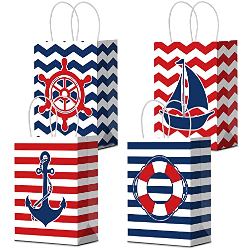 Nezyo 24 Pcs Nautical Party Paper Bags Nautical Gift Bags with Handles Nautical Candy Bags Marine Anchors Goody Treat Bags for Nautical Themed Birthday Party Supplies