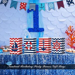 Nezyo 24 Pcs Nautical Party Paper Bags Nautical Gift Bags with Handles Nautical Candy Bags Marine Anchors Goody Treat Bags for Nautical Themed Birthday Party Supplies