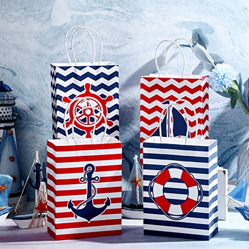 Nezyo 24 Pcs Nautical Party Paper Bags Nautical Gift Bags with Handles Nautical Candy Bags Marine Anchors Goody Treat Bags for Nautical Themed Birthday Party Supplies