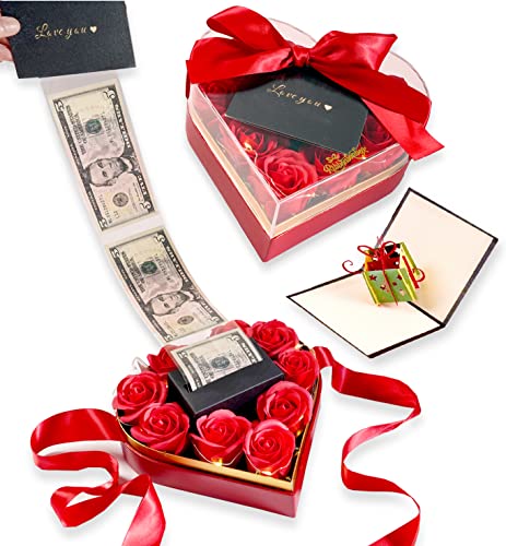 Ribbonbonbox Money Box for Cash Gift Pull Heart Box – Unique Gifts for Birthday, Anniversary, Wedding Gifts for Her and Him – Red Valentines Day Gift Box - Best Gift Ideas for Men (Love You)