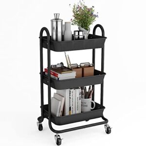 miocasa 3-tier utility rolling cart, multifunctional cart with lockable casters, easy to assemble, suitable for office, bathroom, kitchen, garden (black)