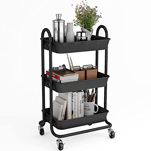 MIOCASA 3-Tier Utility Rolling Cart, Multifunctional Cart with Lockable Casters, Easy to Assemble, Suitable for Office, Bathroom, Kitchen, Garden (Black)