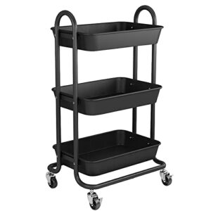 MIOCASA 3-Tier Utility Rolling Cart, Multifunctional Cart with Lockable Casters, Easy to Assemble, Suitable for Office, Bathroom, Kitchen, Garden (Black)