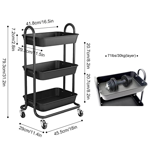 MIOCASA 3-Tier Utility Rolling Cart, Multifunctional Cart with Lockable Casters, Easy to Assemble, Suitable for Office, Bathroom, Kitchen, Garden (Black)