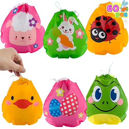 JOYIN 60 Pcs Easter Goodies Bags, Easter Kids Party Supplies, Bunny Draw String Easter Treat Bags for Party Favor and Easter Classroom Prize Supplies