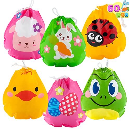 JOYIN 60 Pcs Easter Goodies Bags, Easter Kids Party Supplies, Bunny Draw String Easter Treat Bags for Party Favor and Easter Classroom Prize Supplies