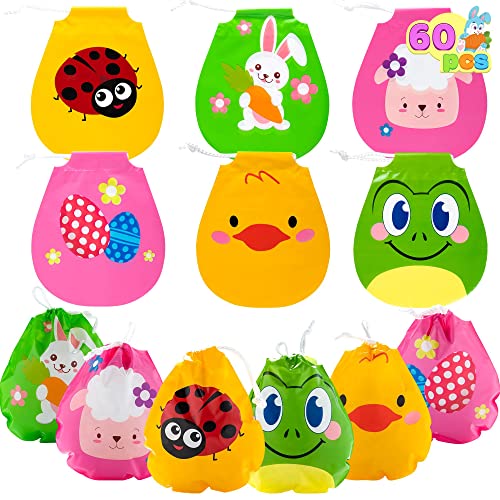 JOYIN 60 Pcs Easter Goodies Bags, Easter Kids Party Supplies, Bunny Draw String Easter Treat Bags for Party Favor and Easter Classroom Prize Supplies