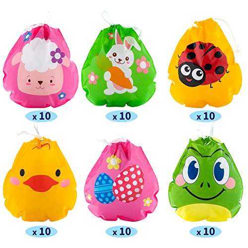 JOYIN 60 Pcs Easter Goodies Bags, Easter Kids Party Supplies, Bunny Draw String Easter Treat Bags for Party Favor and Easter Classroom Prize Supplies