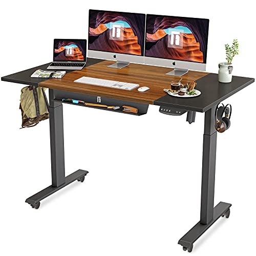 FEZIBO Height Adjustable Electric Standing Desk with Pencil Holder, 48 x 24 Inches Stand Up Desk, Sit Stand Desk with Black and Espresso Top and Black Frame