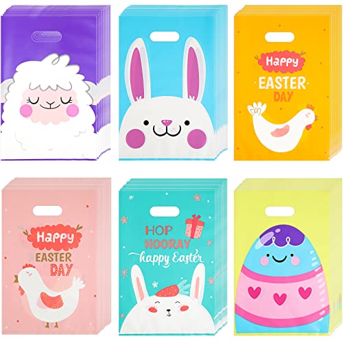 108 Pcs Easter Bags Large Easter Tote Bags Bunny Bags Candy Goodie Treat Gift Bags with Handles Easter Hunt Bags Party Bags for Easter Birthday Baby Shower Wedding Party Supplies, 6 Designs