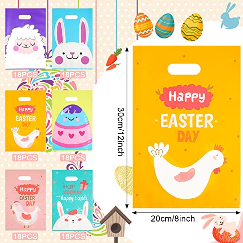 108 Pcs Easter Bags Large Easter Tote Bags Bunny Bags Candy Goodie Treat Gift Bags with Handles Easter Hunt Bags Party Bags for Easter Birthday Baby Shower Wedding Party Supplies, 6 Designs