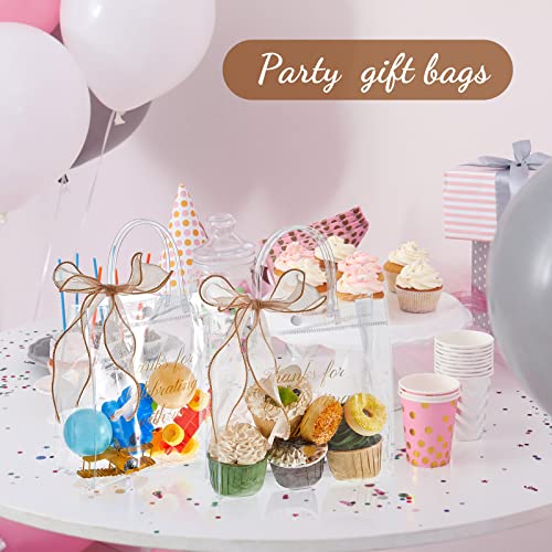 100 Pcs Clear Bags with Bow Ribbon Wedding Gift Bags for Gifts Clear Gift Bags with Handles 7.8 x 7.8 x 3.1" Clear Plastic Bags with Handles for Favors Transparent Shopping Bags, Retail Bags