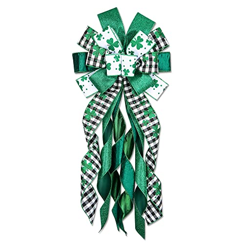 Hying Large St. Patrick's Day Bows for Wreath, Black White Buffalo Plaid Bow Green Shamrock Wreath Bows Holiday Burlap Bow Tree Topper Bows for Front Door Saint Patrick's Day Decorations Supplies