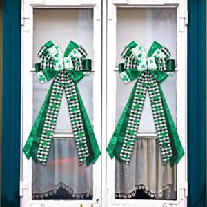 Hying Large St. Patrick's Day Bows for Wreath, Black White Buffalo Plaid Bow Green Shamrock Wreath Bows Holiday Burlap Bow Tree Topper Bows for Front Door Saint Patrick's Day Decorations Supplies